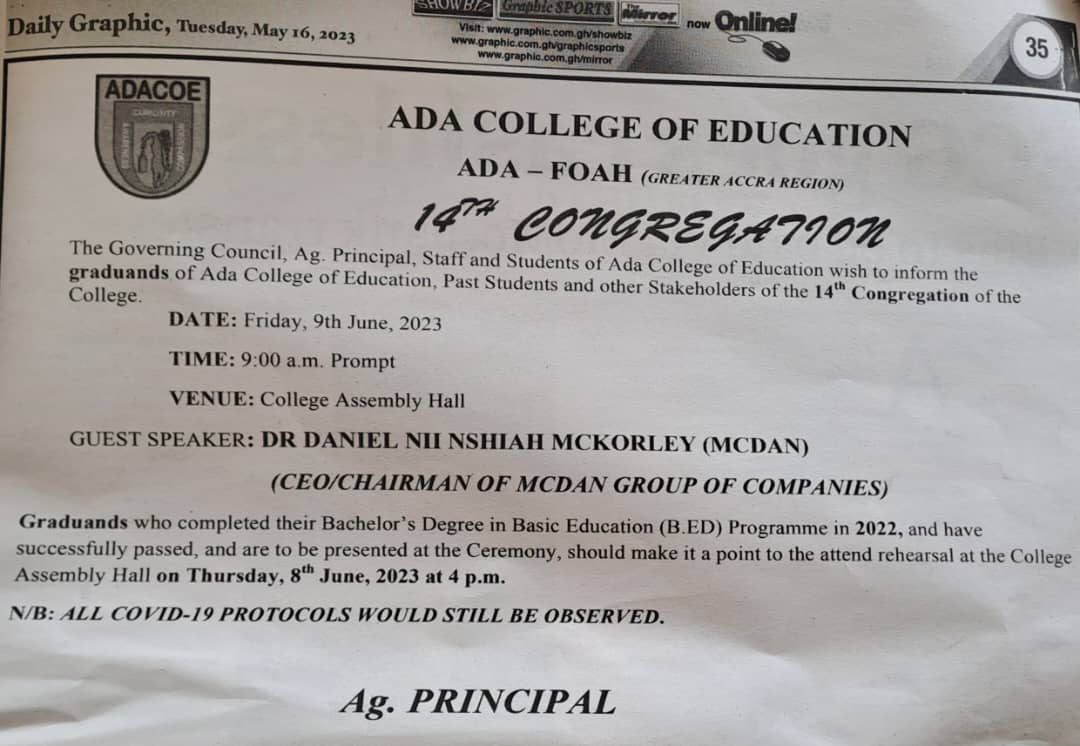 Ada College of Education Graduation Date announced -Check - Blow Grade